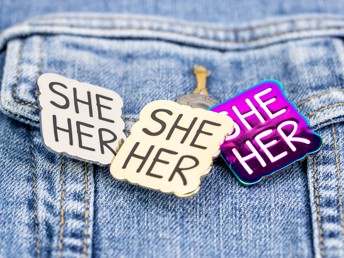 She Her Pronouns Enamel Pin - Rainbow – Trainyard Store