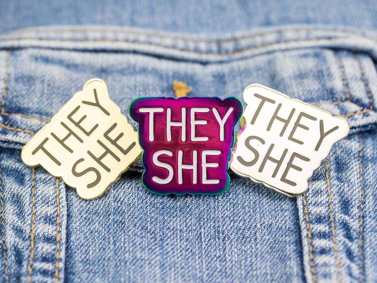 They She Pronouns Enamel Pin- Gold Black – Trainyard Store